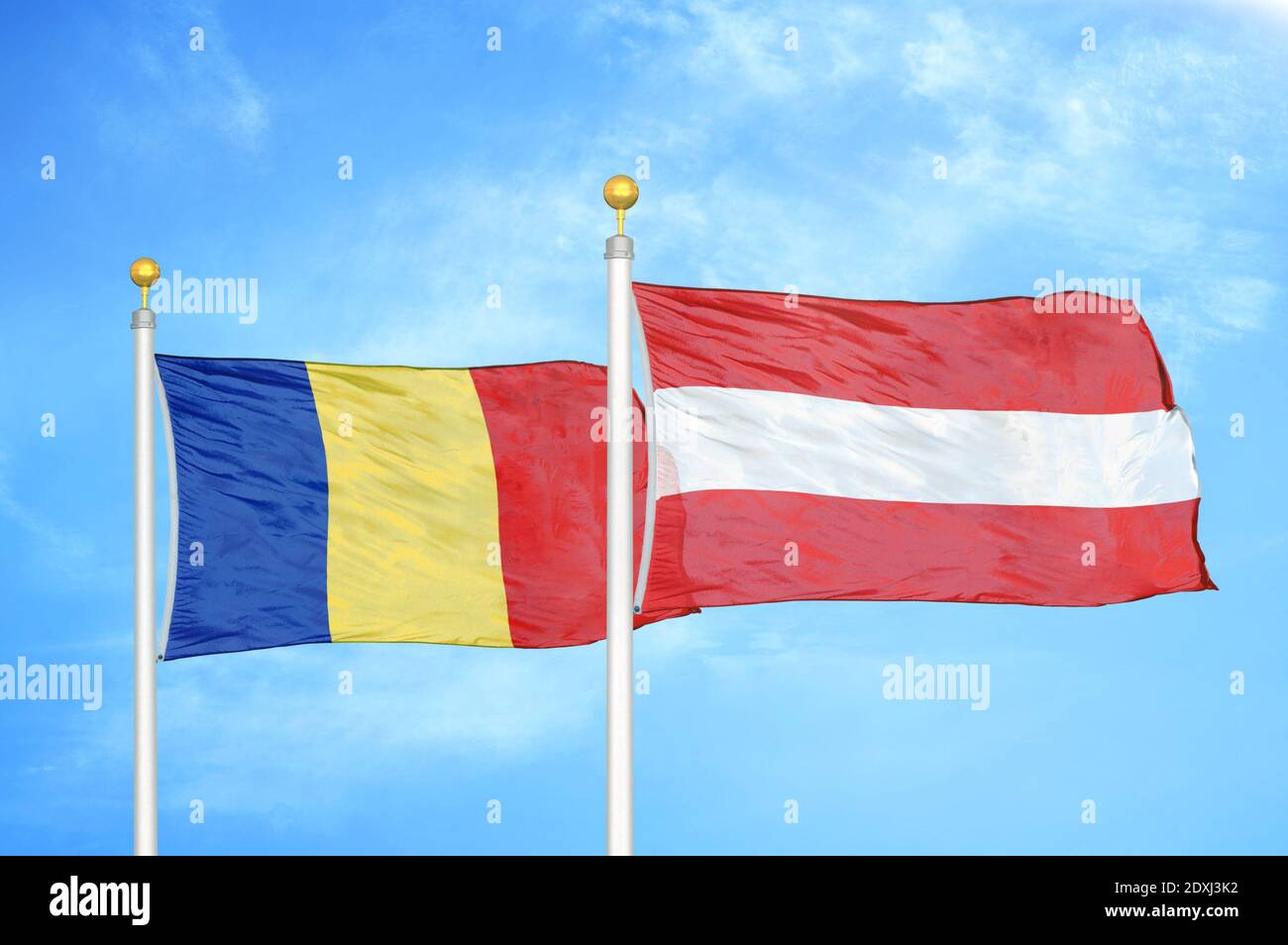Romania and Austria two flags on flagpoles and blue sky Stock Photo - Alamy