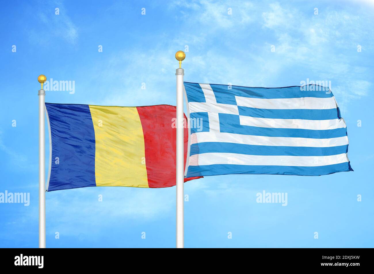 Romania and Greece two flags on flagpoles and blue sky Stock Photo - Alamy