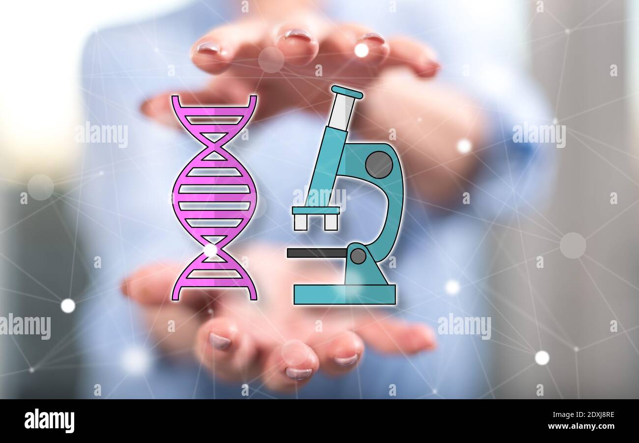 Dna technology concept between hands of a woman in background Stock ...
