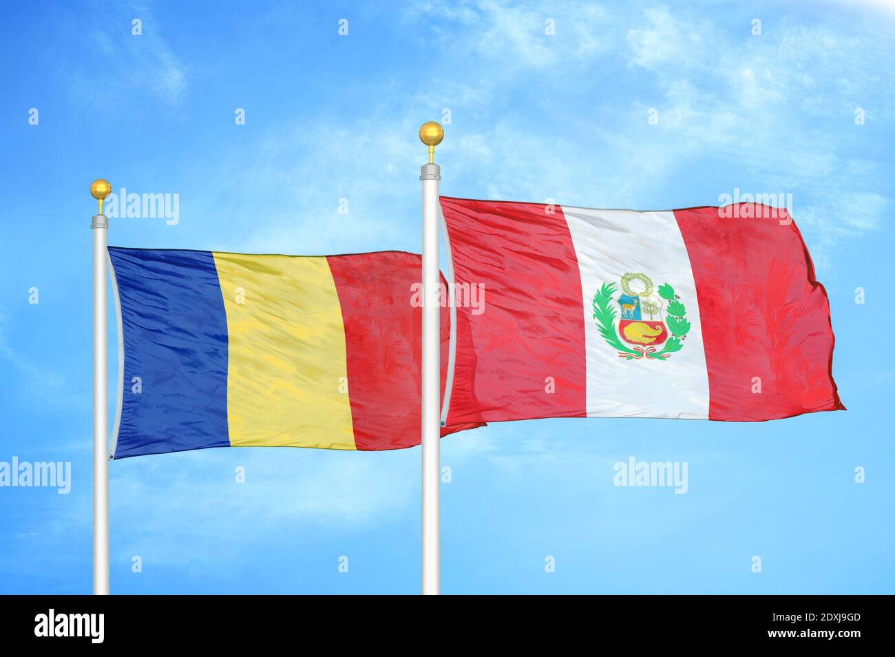 Romania and Peru two flags on flagpoles and blue sky Stock Photo - Alamy