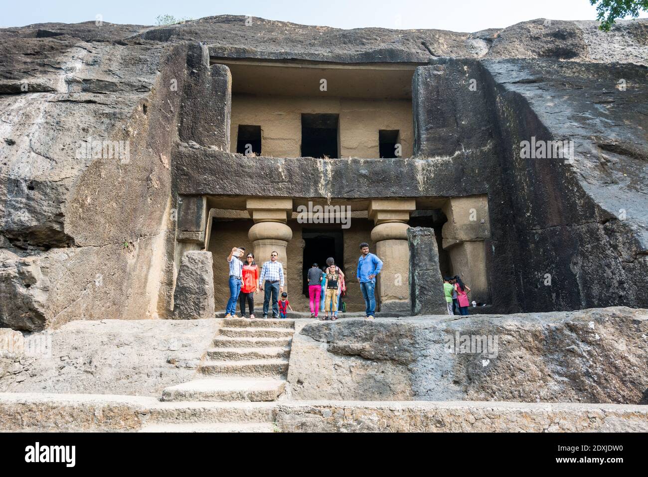 Visitors visiting Kanheri cave complex, which is situated inside the ...