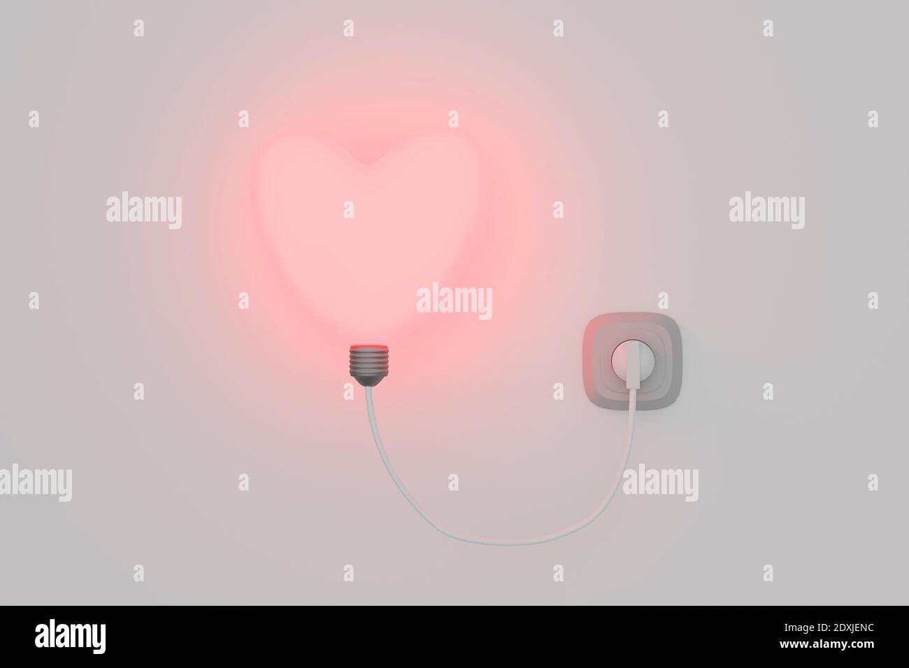 3d image of a glowing heart bulb connected by white wire to a wall plug ...