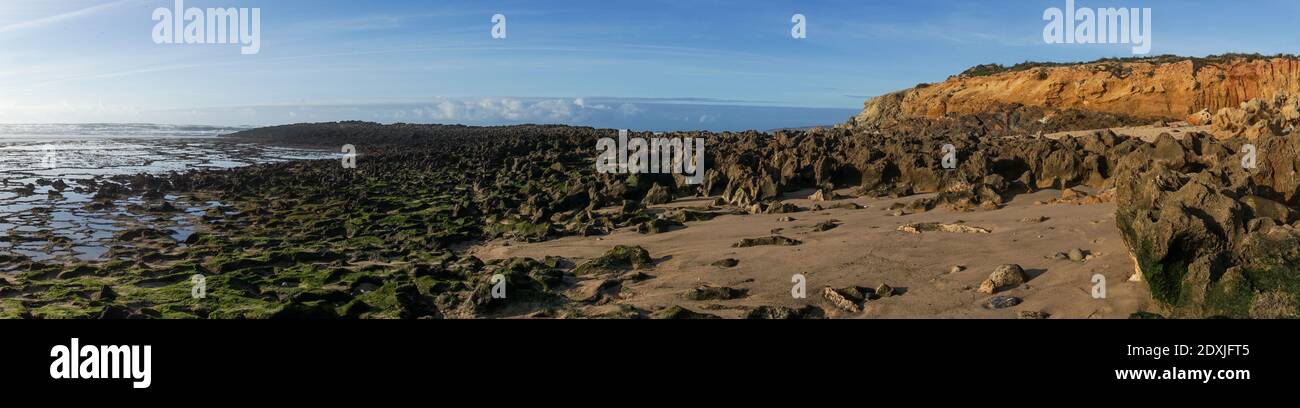 A panorama view of golden evening light reflectiing in tidal pools on a ...