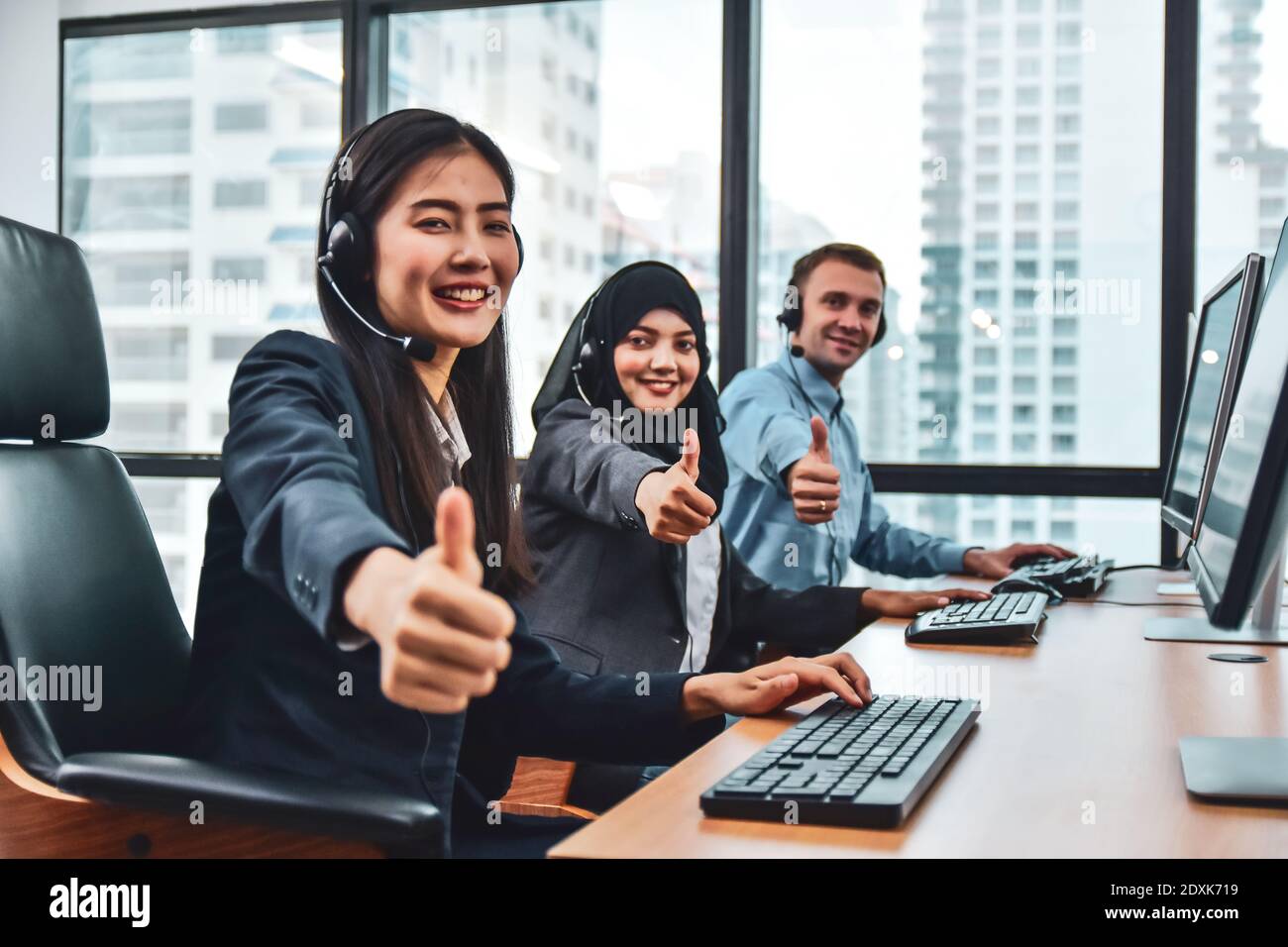 Call center team work in office consultation together contact hotline ...