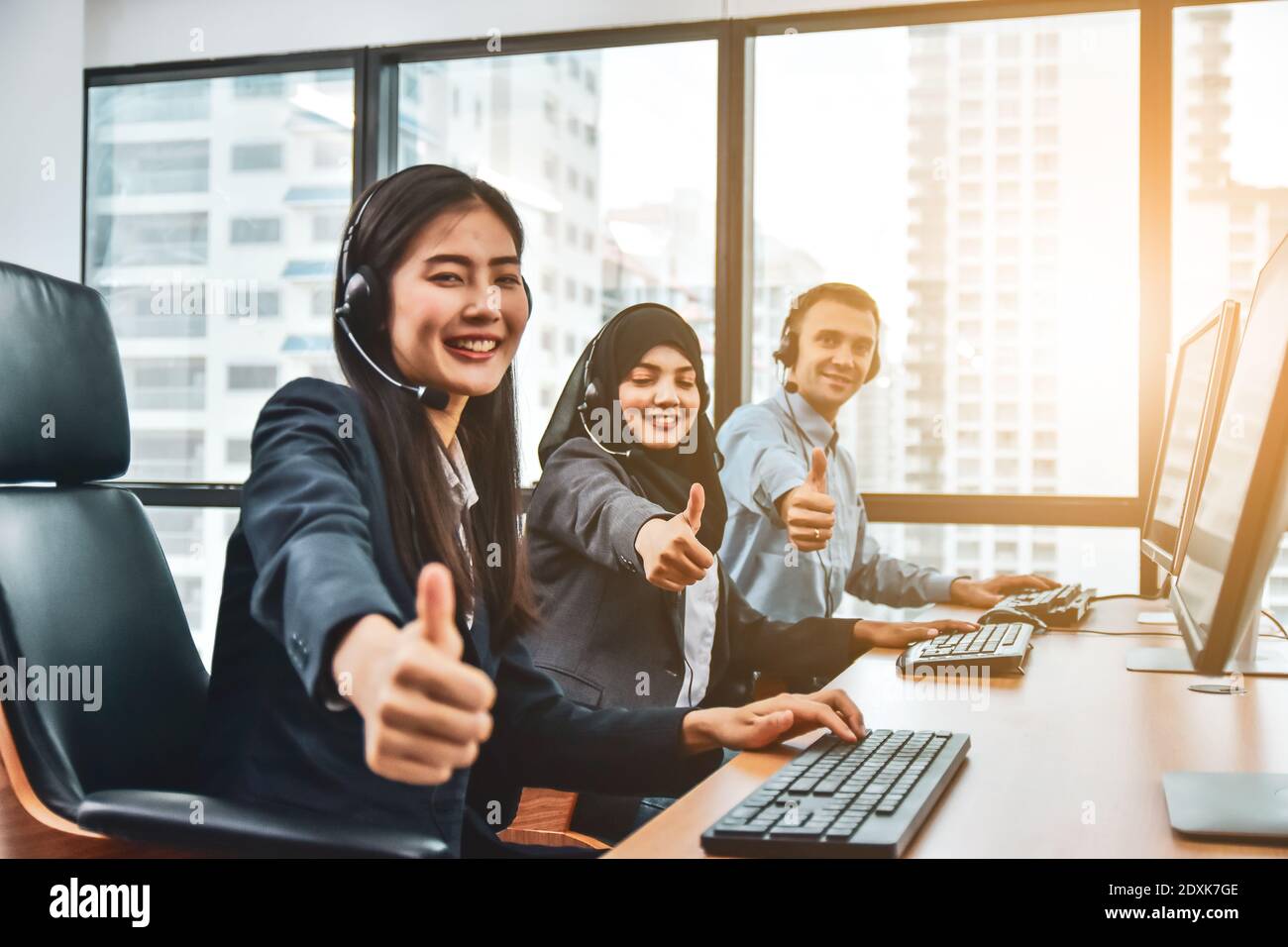 Call center team work in office consultation together contact hotline ...