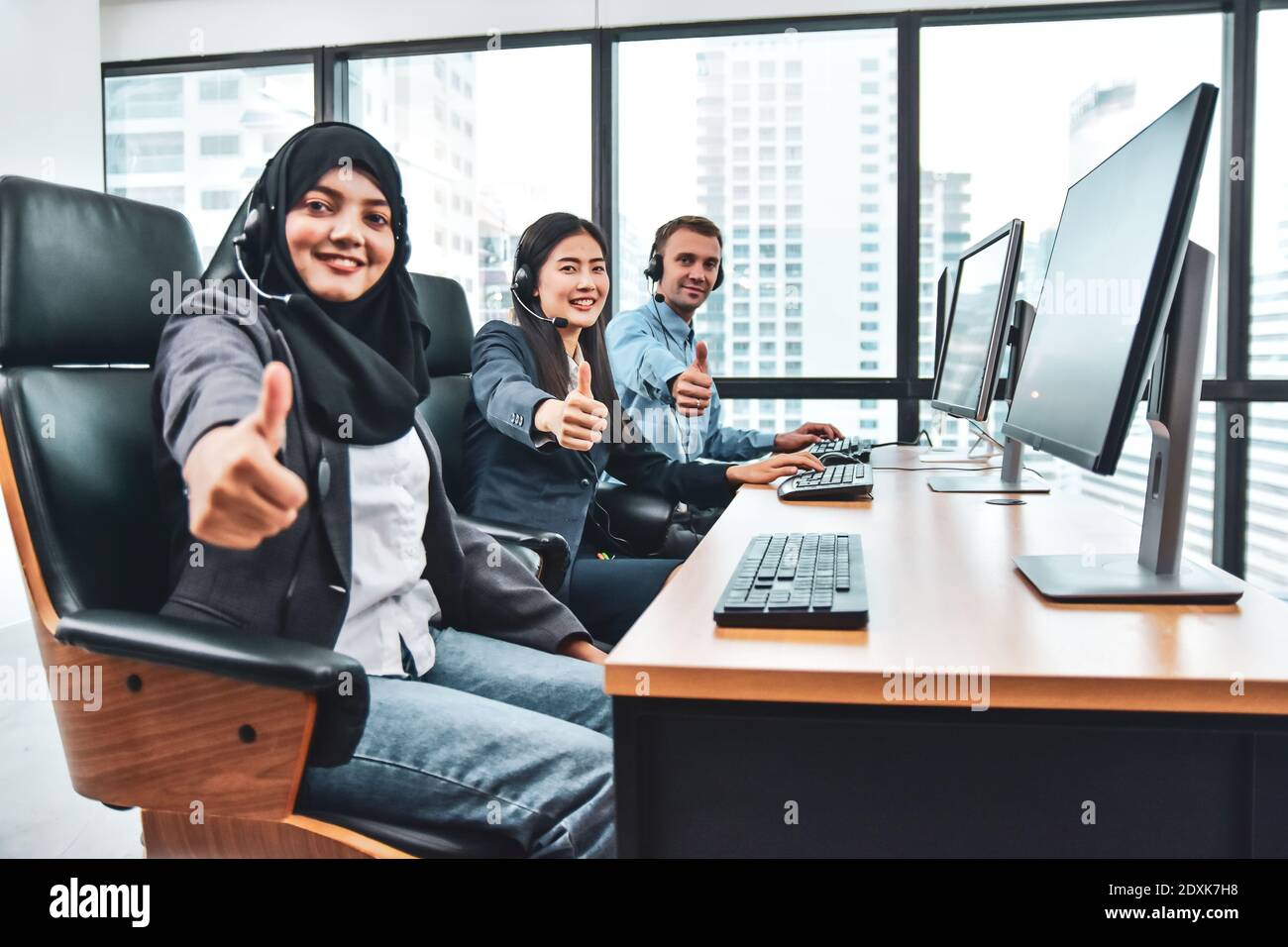 Call center team work in office consultation together contact hotline ...