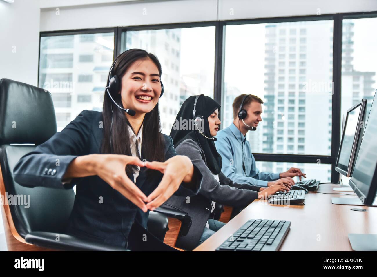 Call center team work in office consultation together contact hotline ...