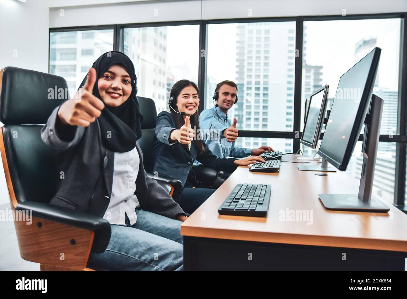 Call center team work in office consultation together contact hotline ...