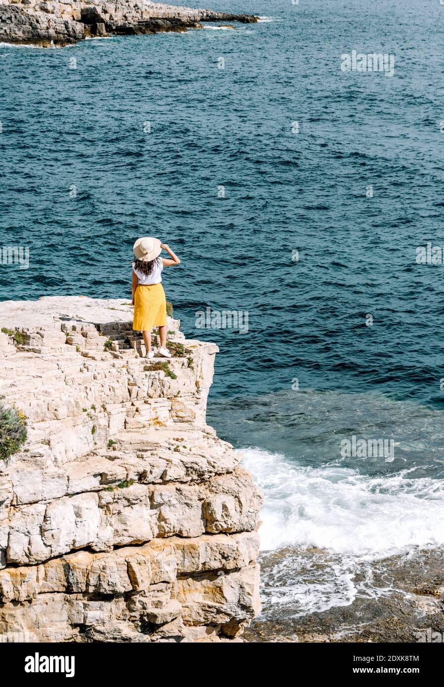 A vertical shot of a female standing on the cliff in the coastal area ...