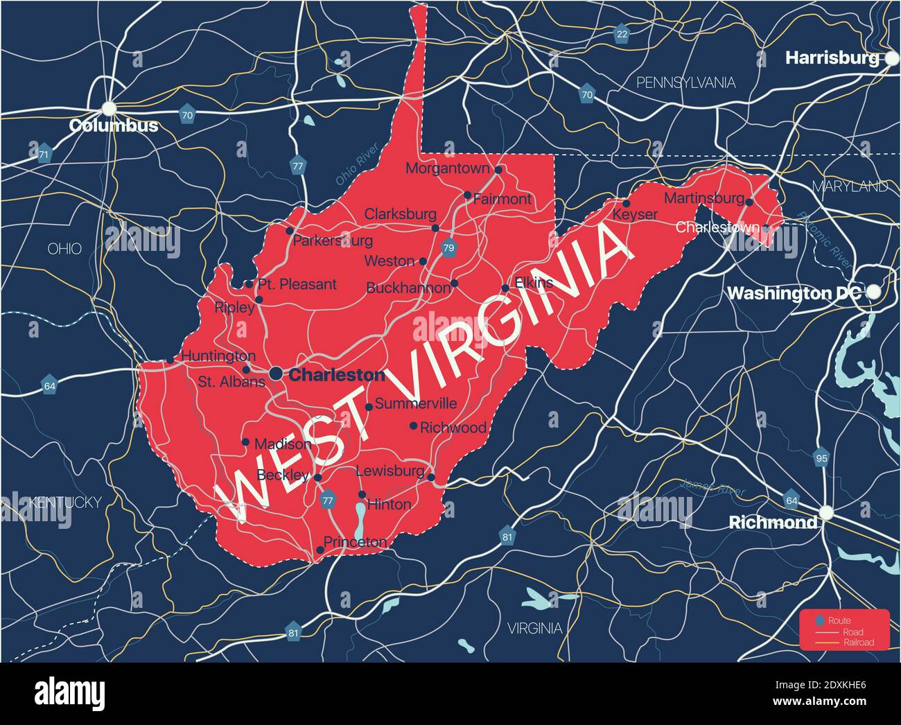 West Viginia state detailed editable map with cities and towns ...