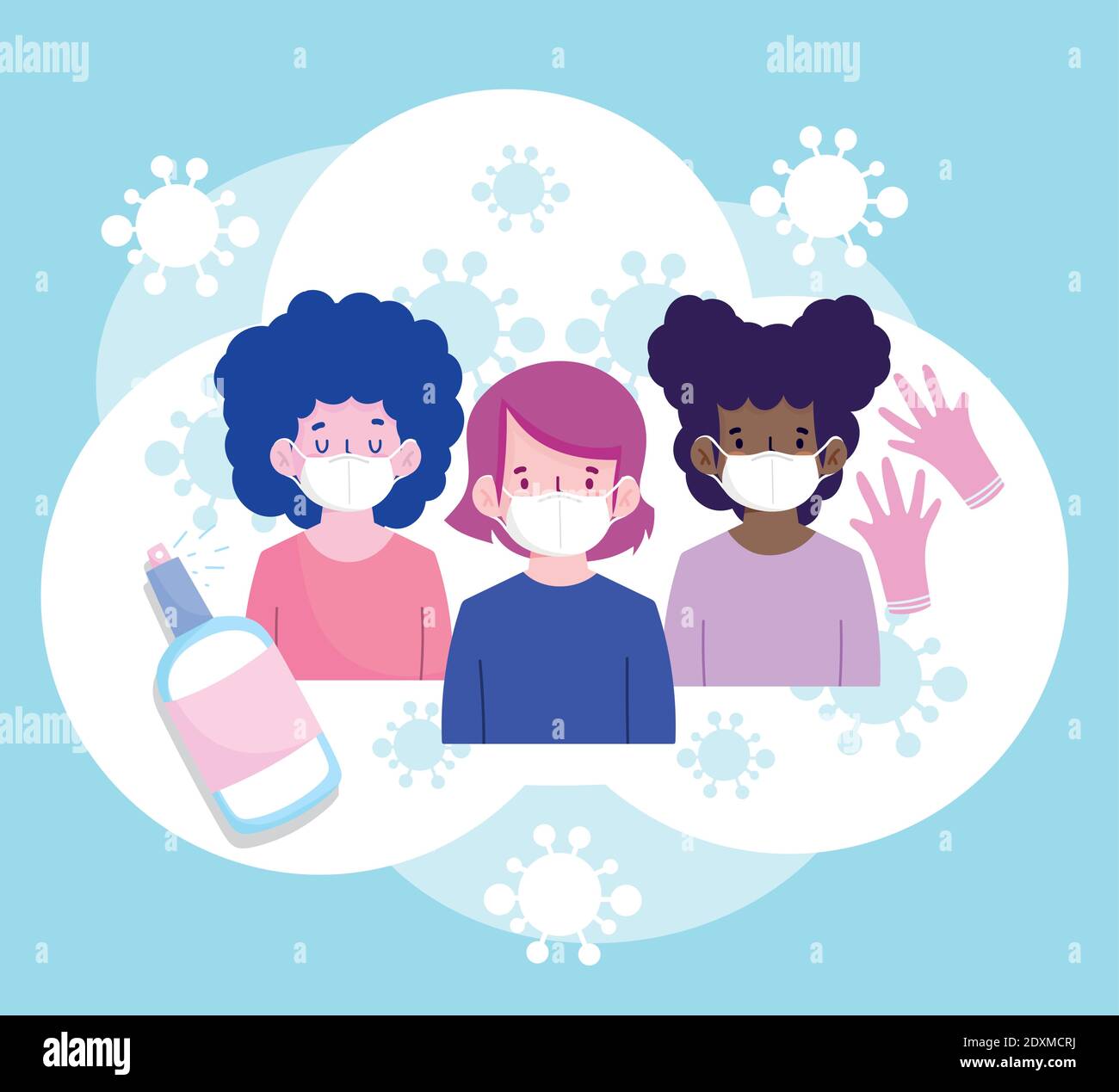 New normal people cartoons with masks gloves and alcohol spray design ...