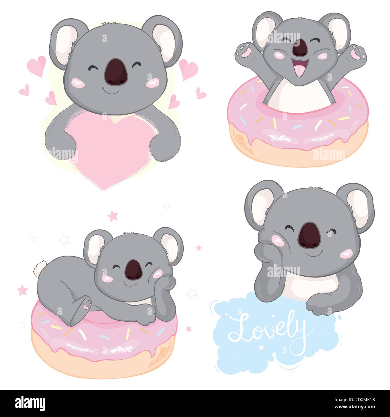 Cute gray koala in differet poses set. Vector illustration cartoon ...