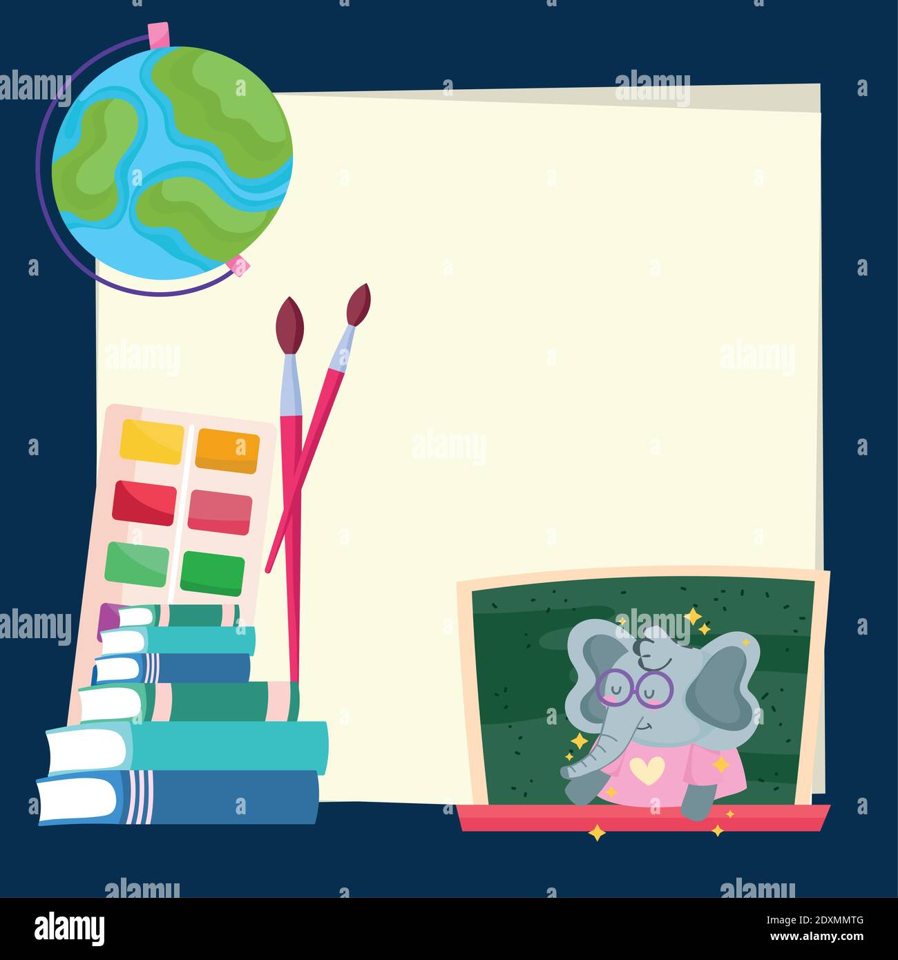 Back to school elephant cartoon on board and icons design, eduacation ...