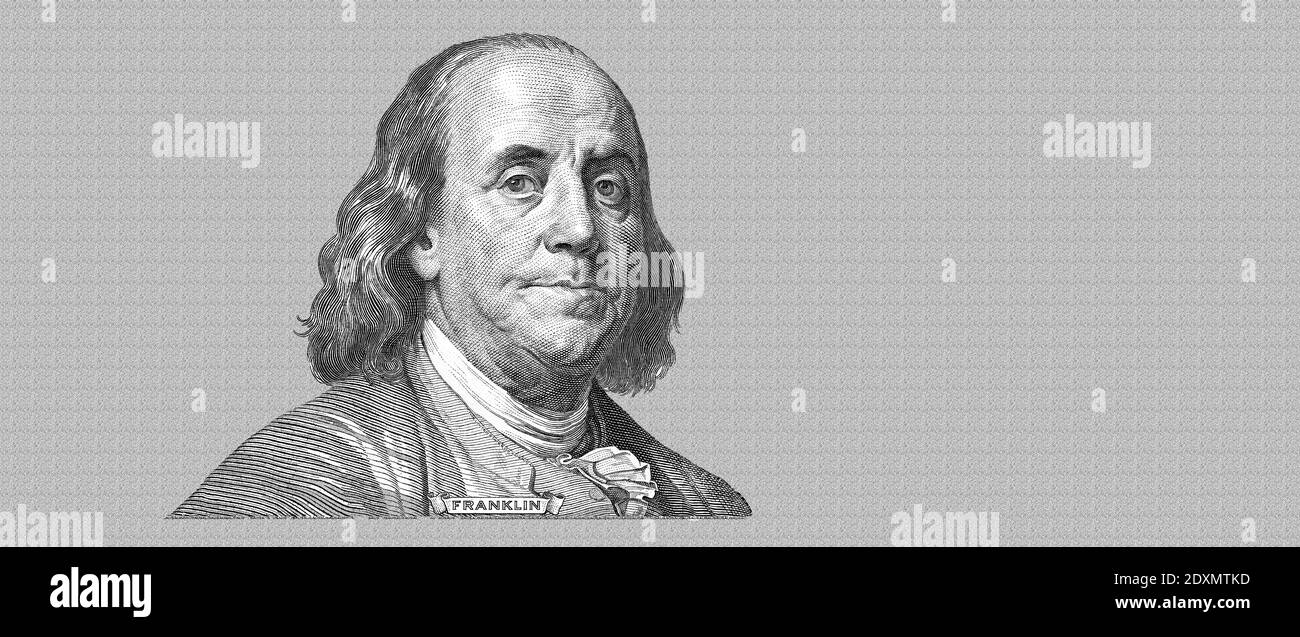 Benjamin Franklin cut on new 100 dollars banknote isolated on white ...