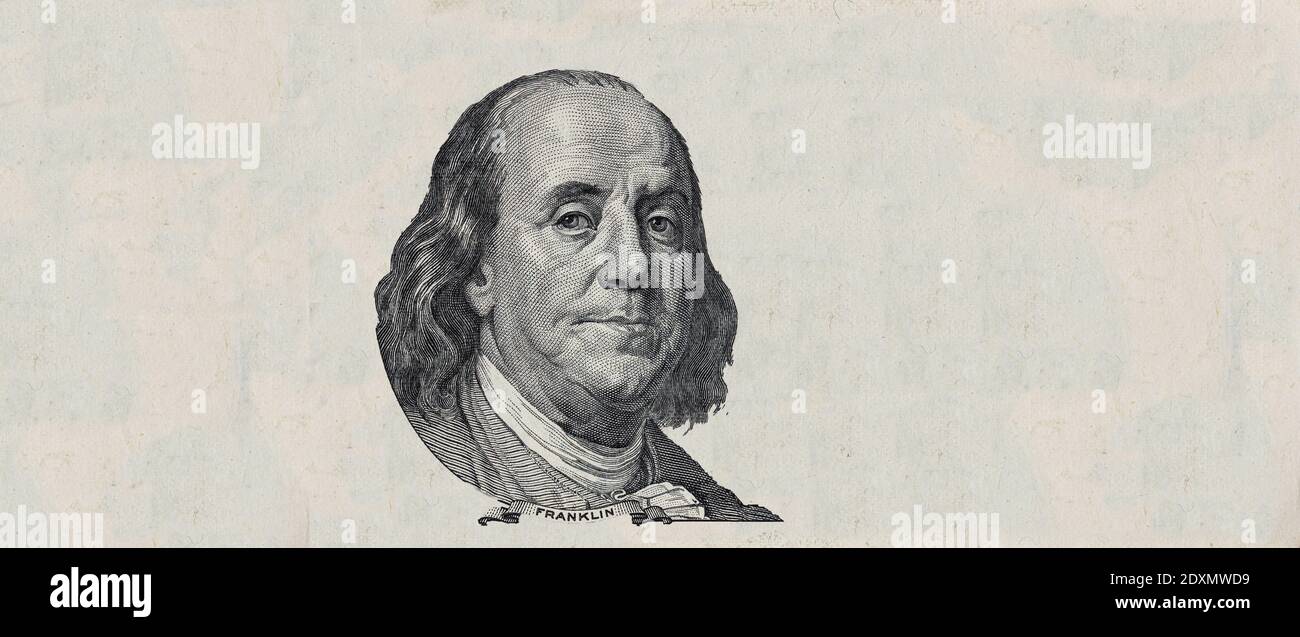 Benjamin Franklin cut on new 100 dollars banknote isolated on white ...