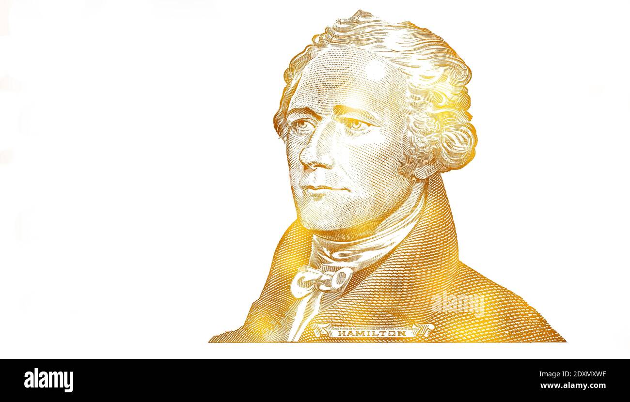 golden textured Alexander Hamilton cut on 10 dollar banknote isolated ...