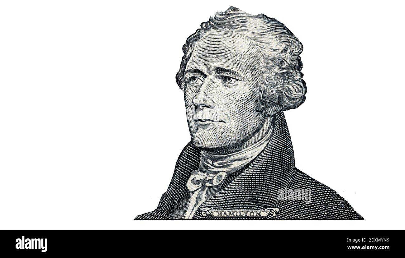 Alexander Hamilton cut on 10 dollar banknote isolated on white ...