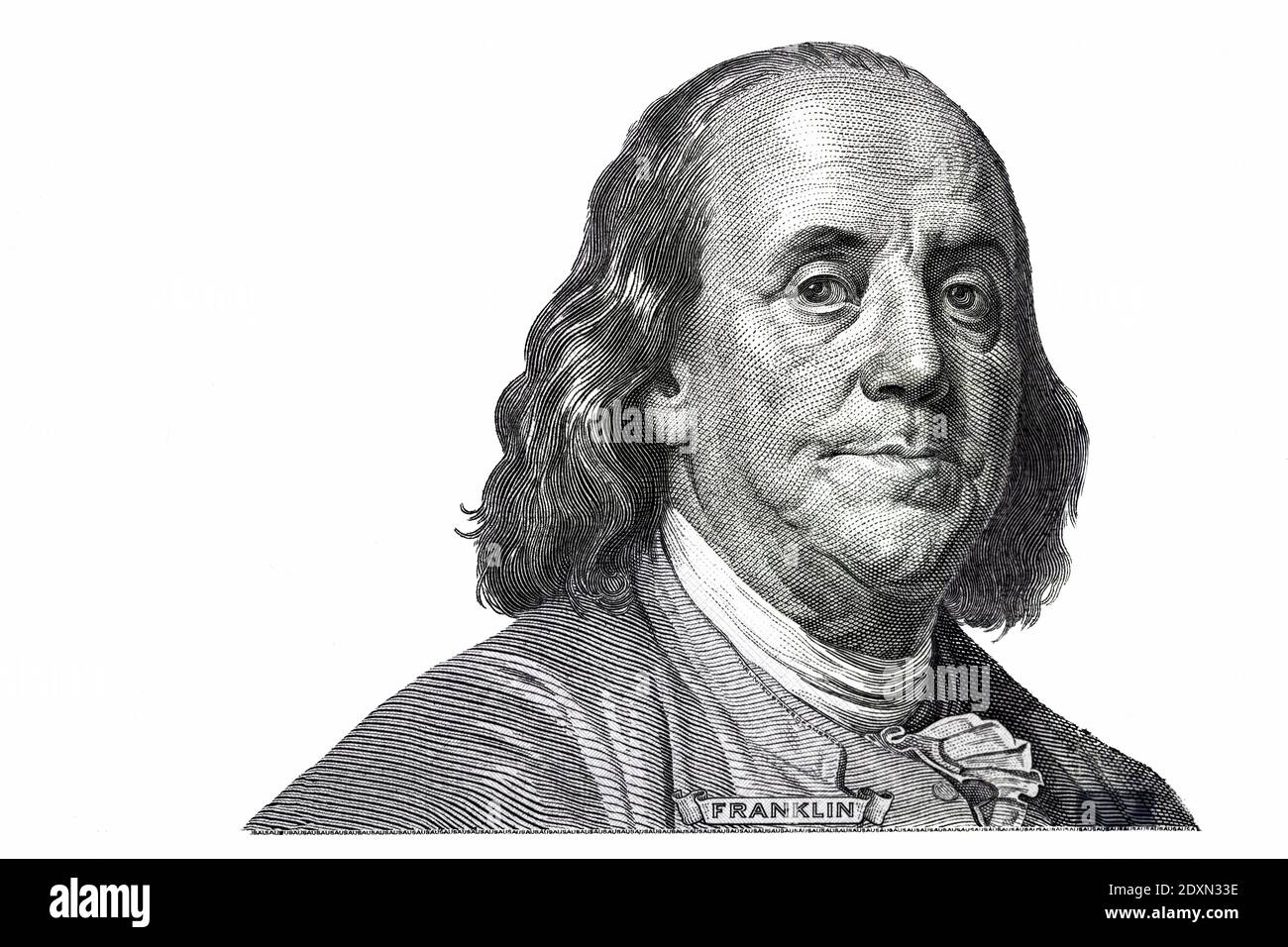 Benjamin Franklin cut on new 100 dollars banknote isolated on white ...