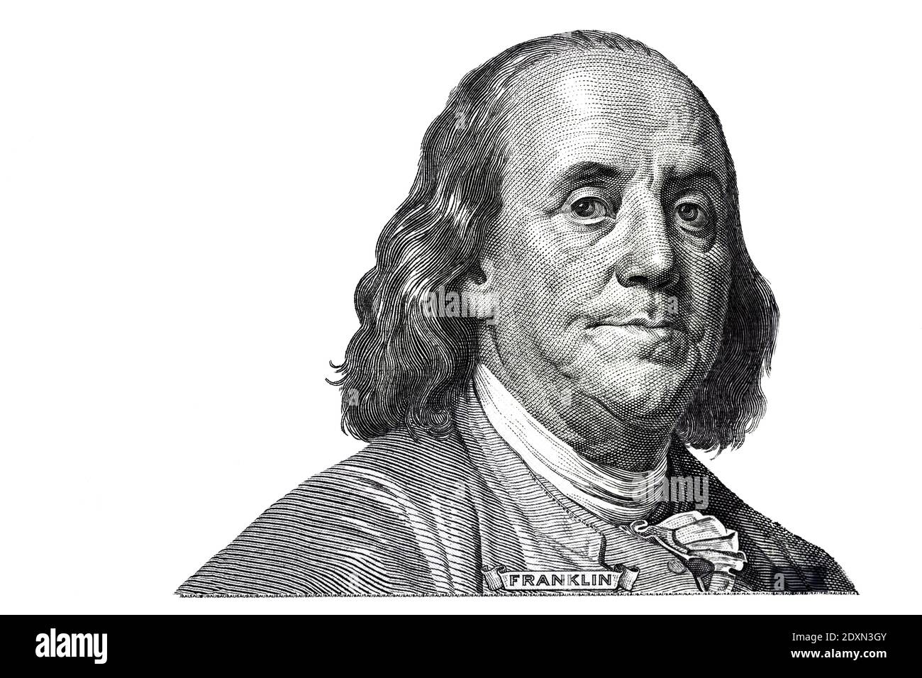 Benjamin Franklin cut on new 100 dollars banknote isolated on white ...
