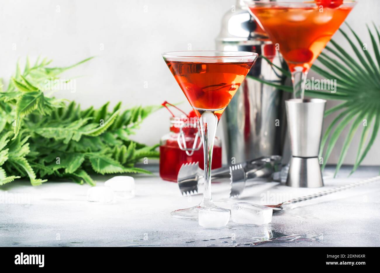 Classic alcoholic cocktail Manhattan with bourbon, red vemuth, bitter ...