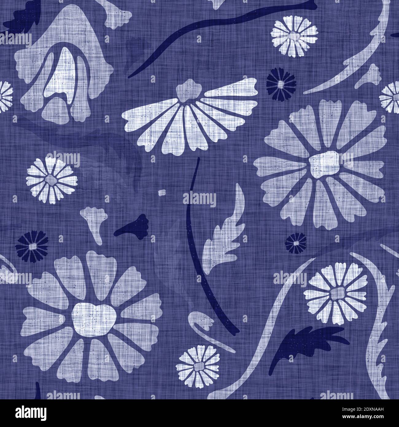 Indigo blue flower block print dyed linen texture background. Seamless ...