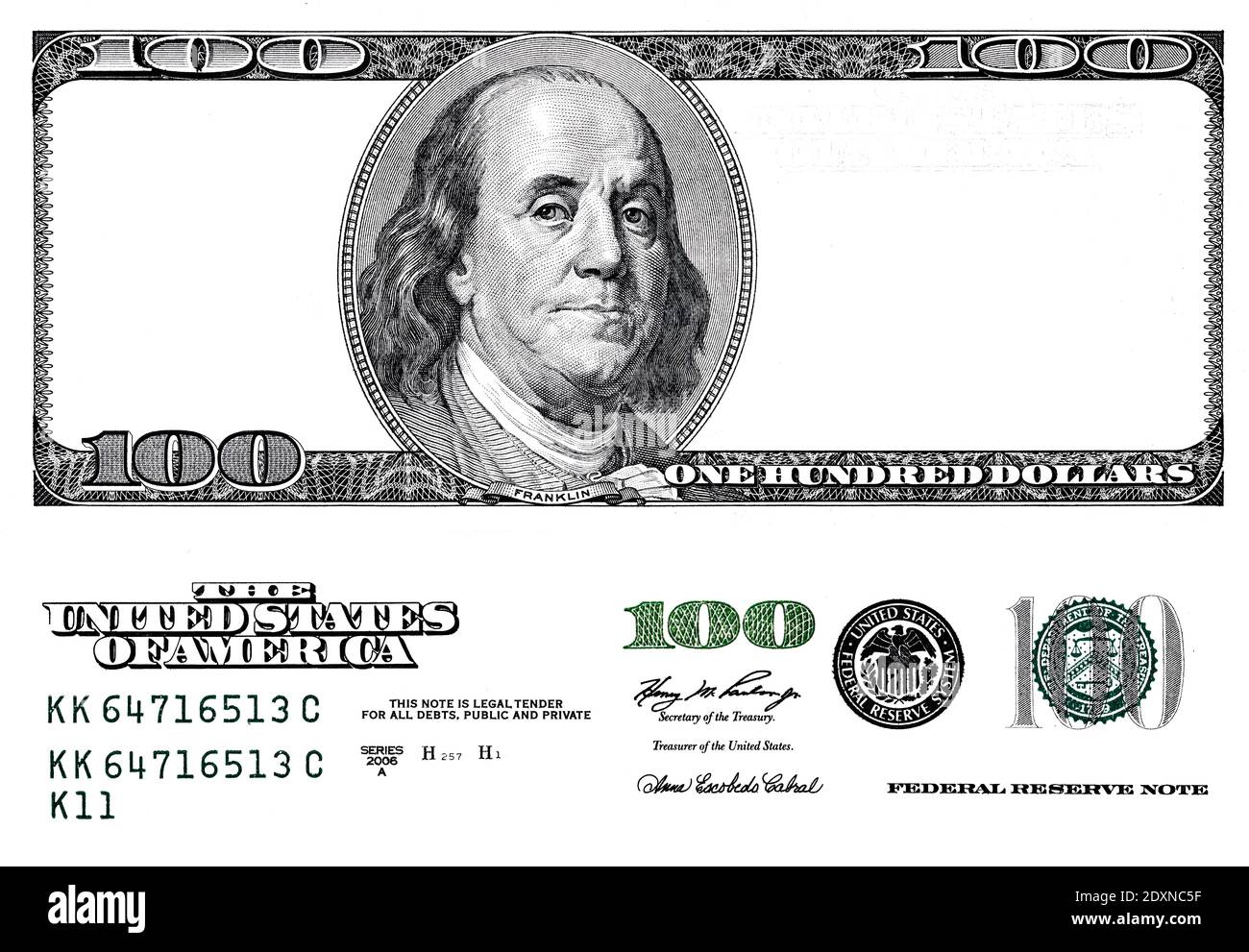 U.S. 100 dollar banknote. Elements for design purpose on white ...