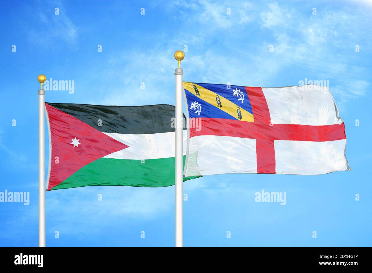 Jordan and Herm two flags on flagpoles and blue cloudy sky Stock Photo - Alamy
