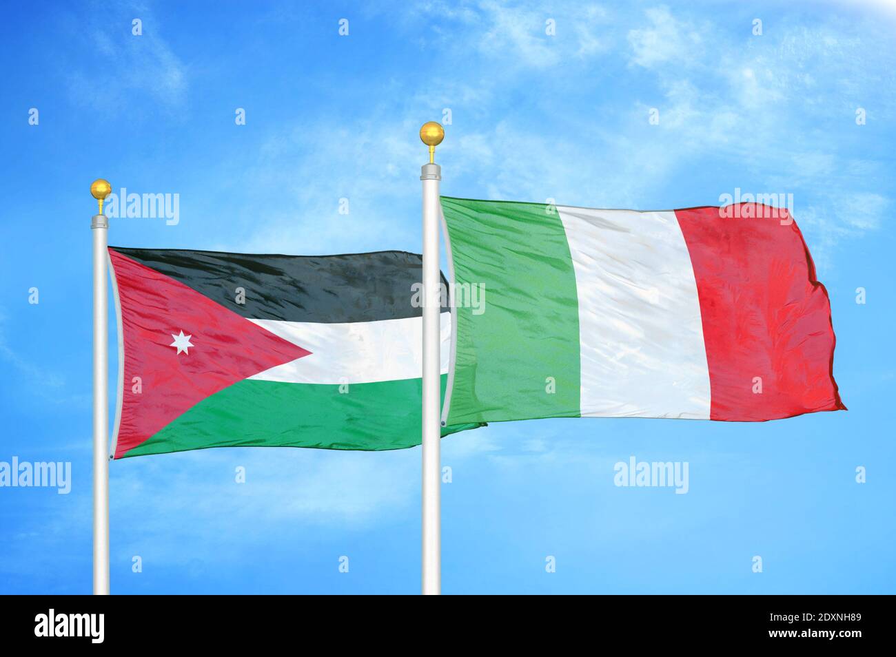 Jordan and Italy two flags on flagpoles and blue cloudy sky Stock Photo ...