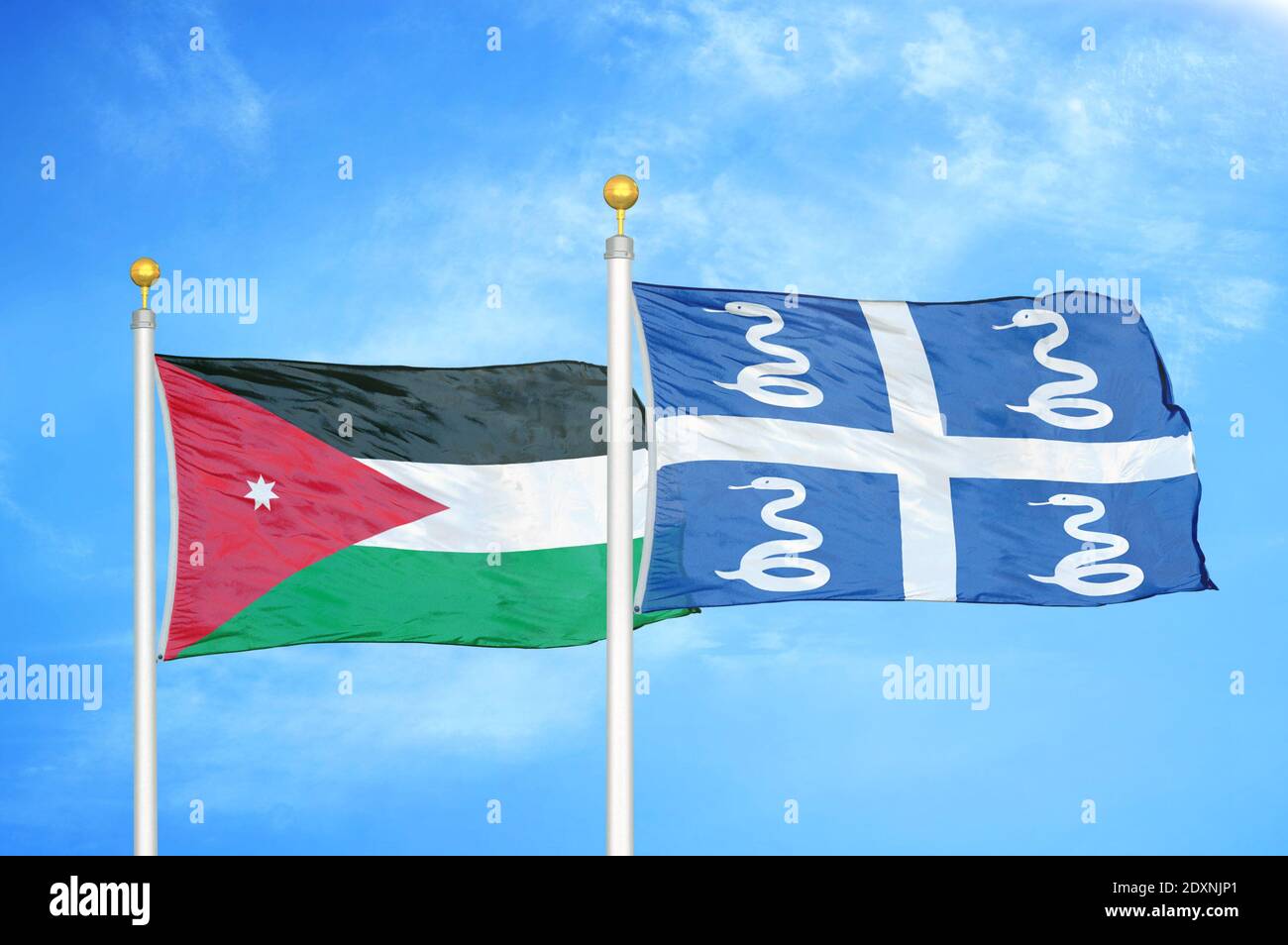 Jordan and Martinique snake two flags on flagpoles and blue cloudy sky ...