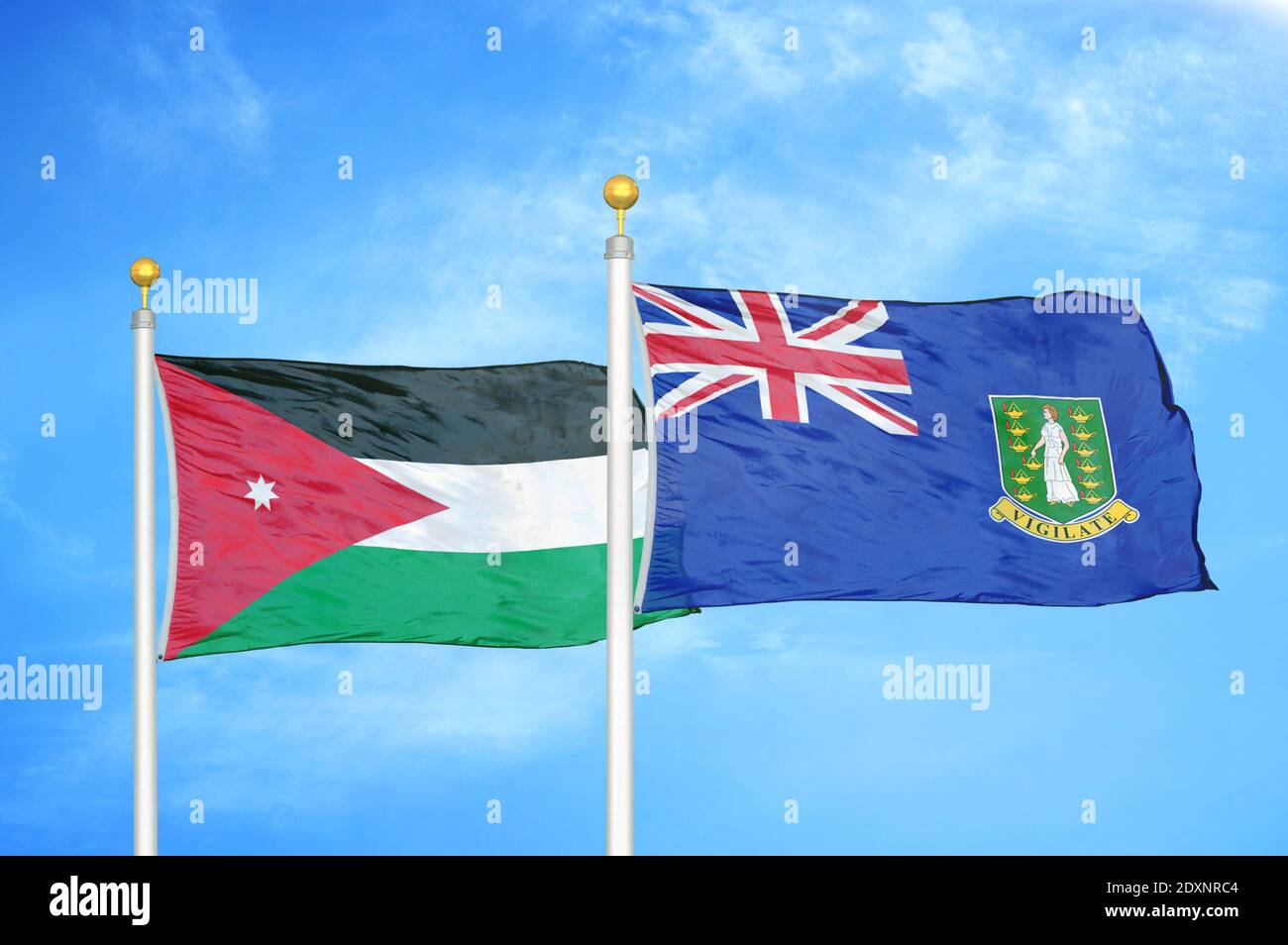 Jordan and Virgin Islands British two flags on flagpoles and blue ...