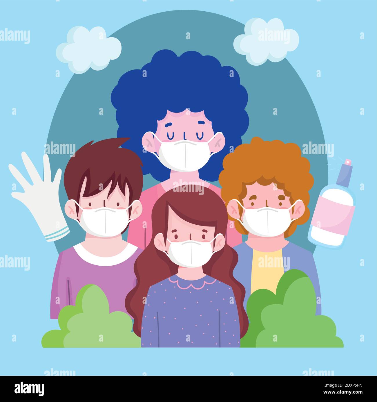 New normal people cartoons with masks glove alcohol and shrubs design ...