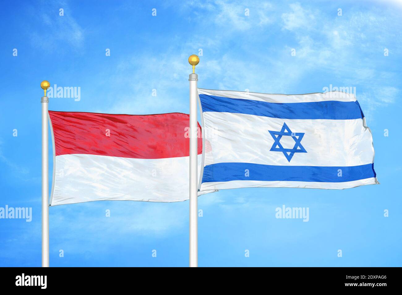 Indonesia and Israel two flags on flagpoles and blue cloudy sky Stock ...