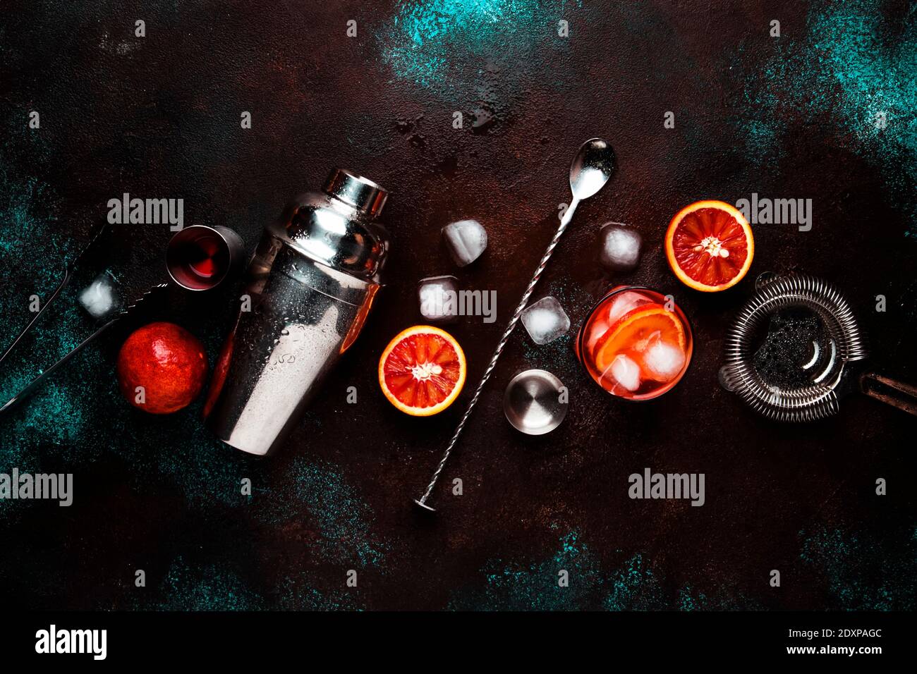 Fashionable alcoholic cocktail Negroni with dry gin, red vermouth and ...