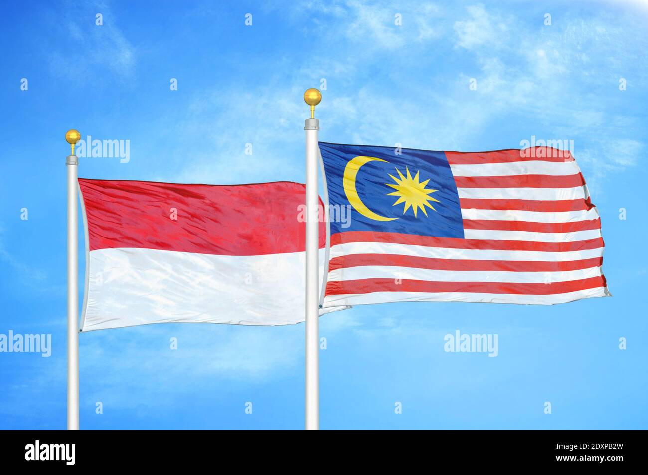 Indonesia and Malaysia two flags on flagpoles and blue cloudy sky Stock ...