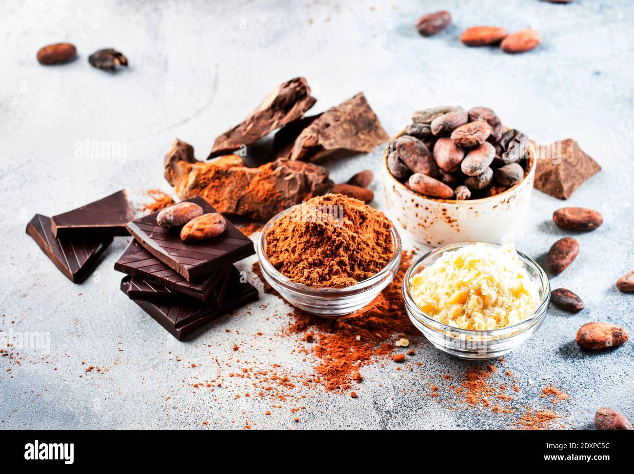 Organic cocoa butter, cocoa beans, grated cocoa lump, dark chocolate on ...