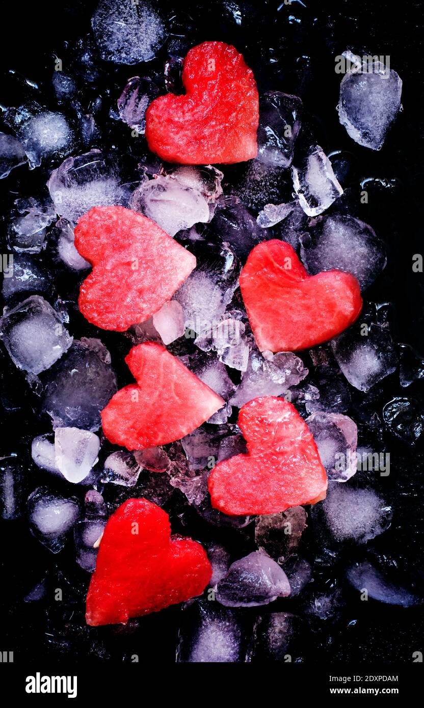 Sweet hearts of watermelon on crushed ice, top view Stock Photo - Alamy
