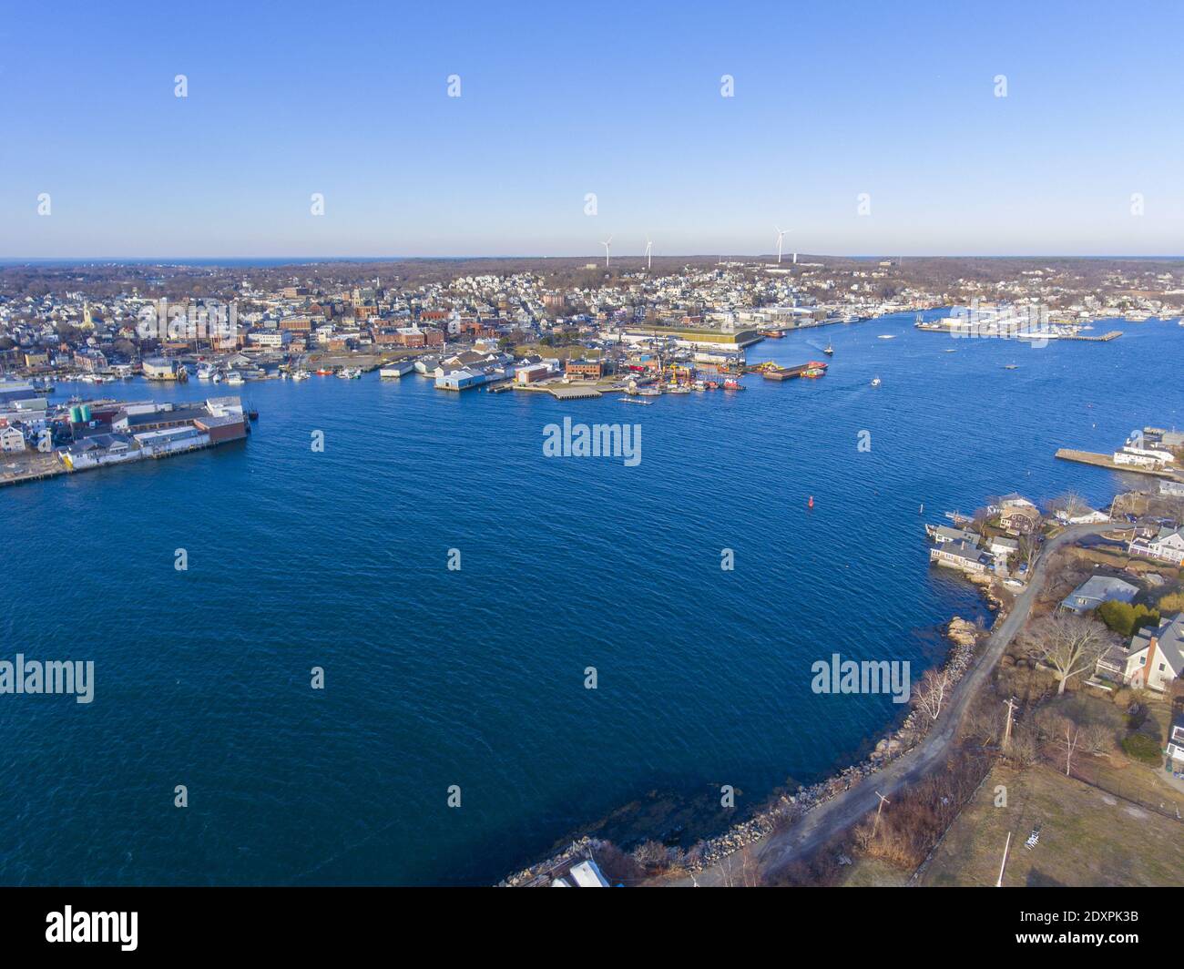 Aerial view of Gloucester City and Gloucester Harbor, Cape Ann ...