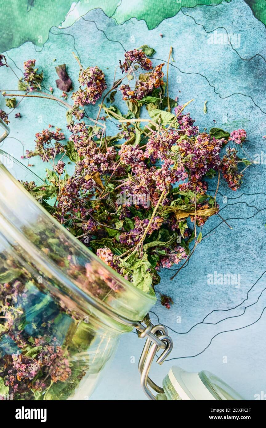 Pile of different chopped herbs for preparing tea on the white ...