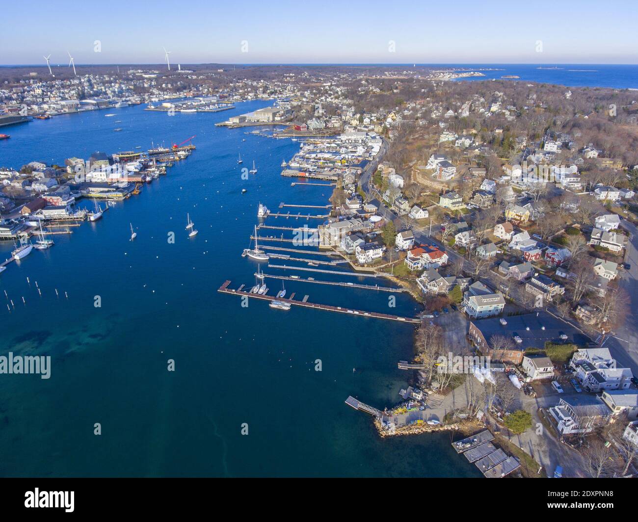 Aerial view of Gloucester City and Gloucester Harbor, Cape Ann ...