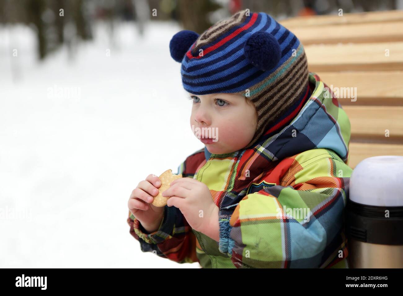 Child eating biscuit in a winter park Stock Photo - Alamy