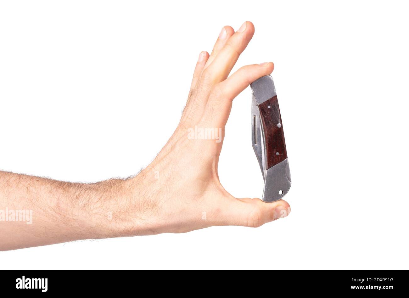 Old sharp metal pocket knife in hand, isolated Stock Photo - Alamy