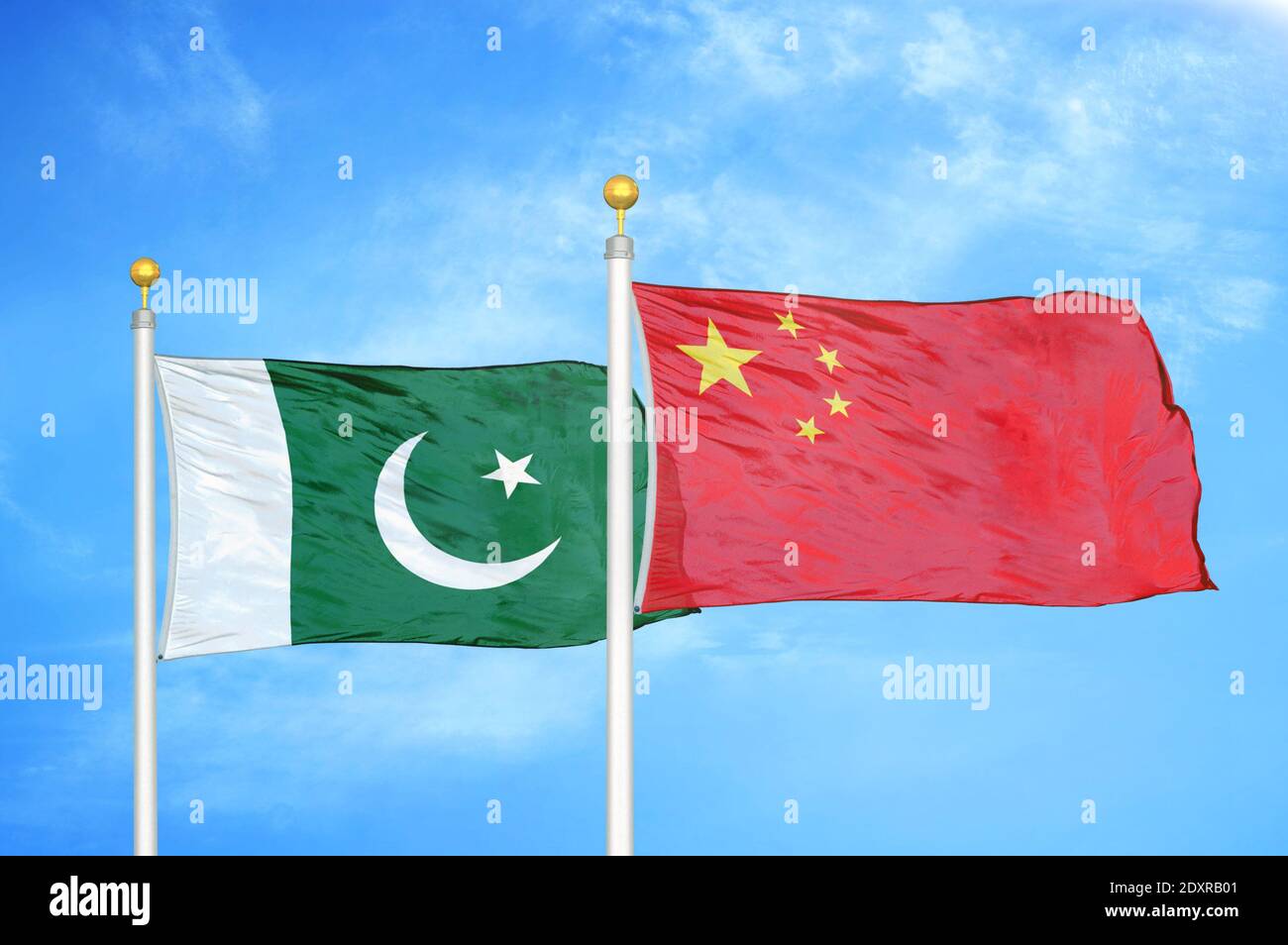 Pakistan and China two flags on flagpoles and blue cloudy sky Stock ...