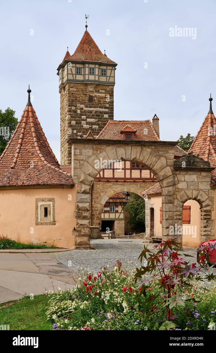 Roeder gate with Roedertor tower in Old town Rothenburg ob der Tauber ...