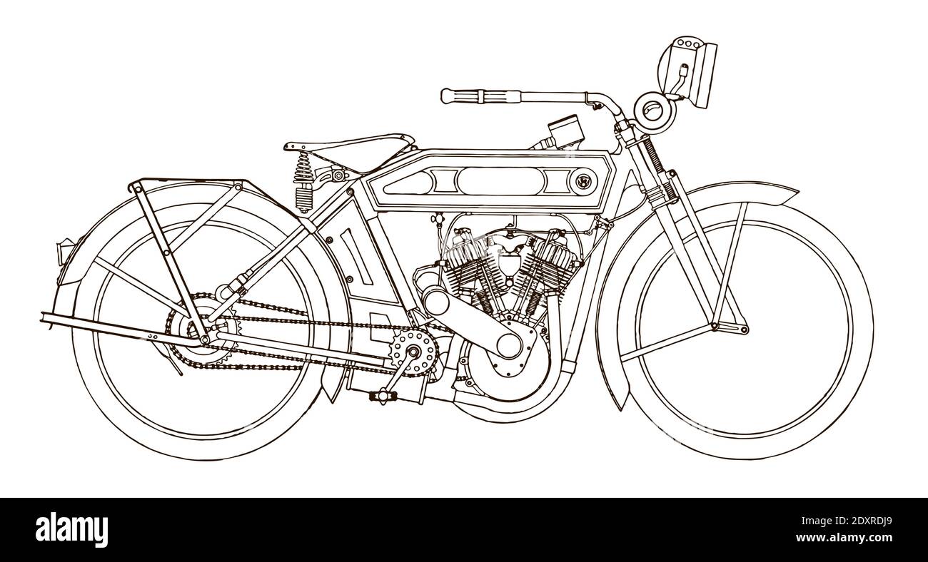 Outline drawing of a veteran English twin cylinder motorcycle in side ...