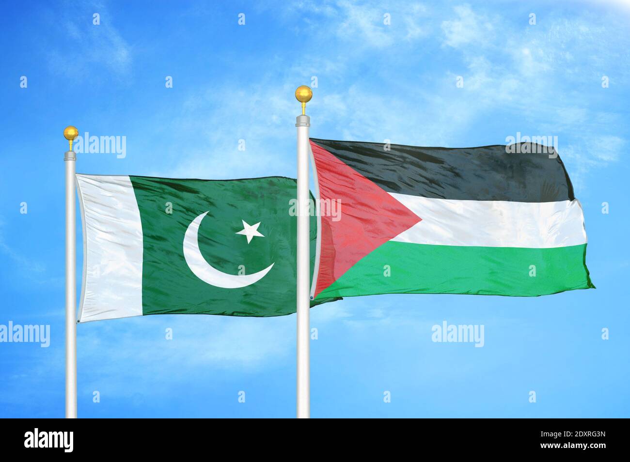 Pakistan and Palestine two flags on flagpoles and blue cloudy sky Stock ...