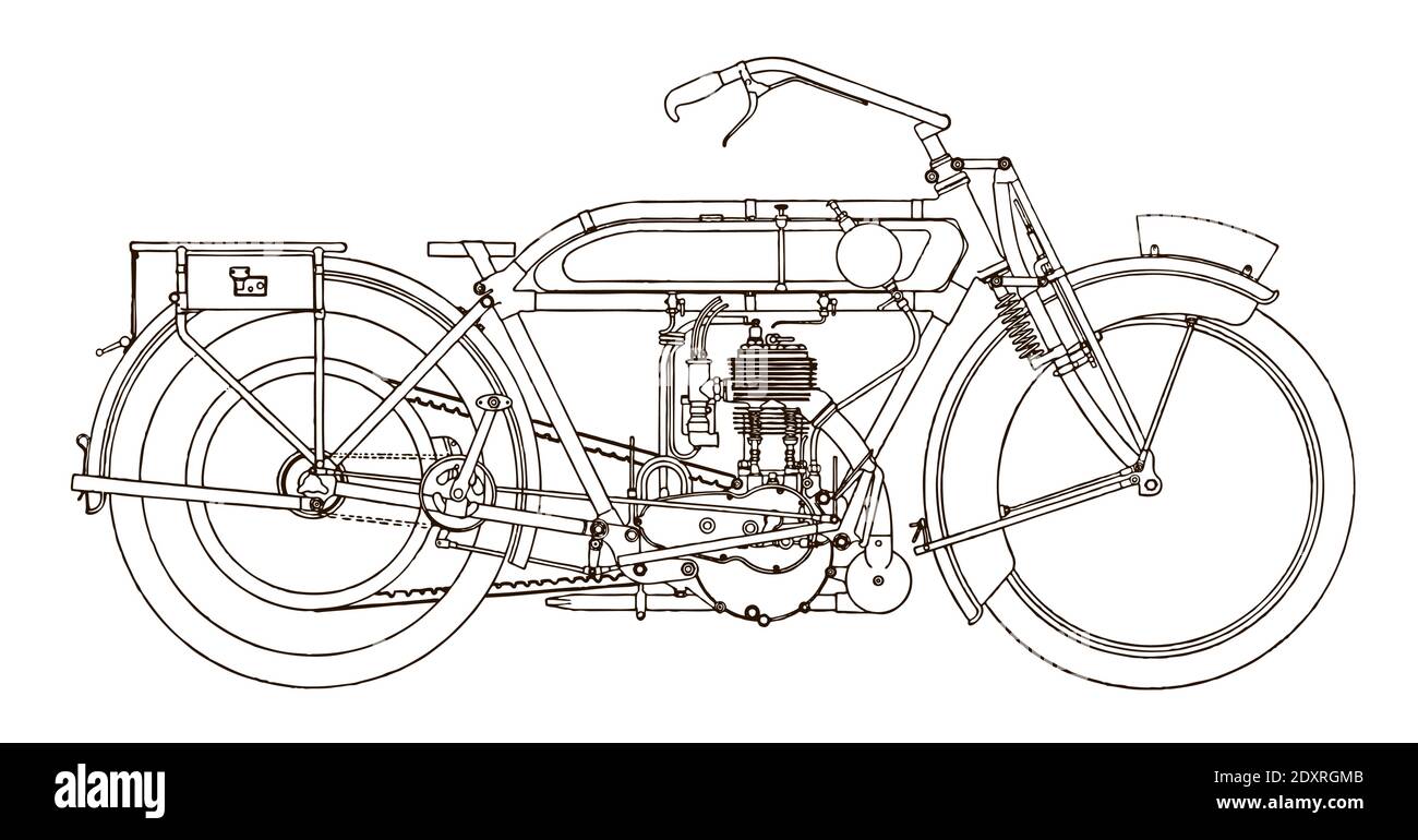 Outline drawing of a veteran English single cylinder motorcycle in side ...
