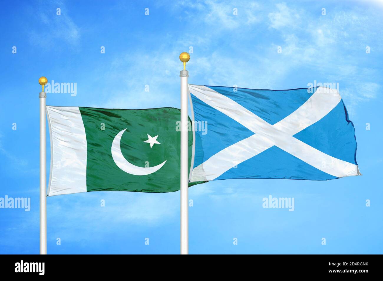 Pakistan and Scotland two flags on flagpoles and blue cloudy sky Stock ...