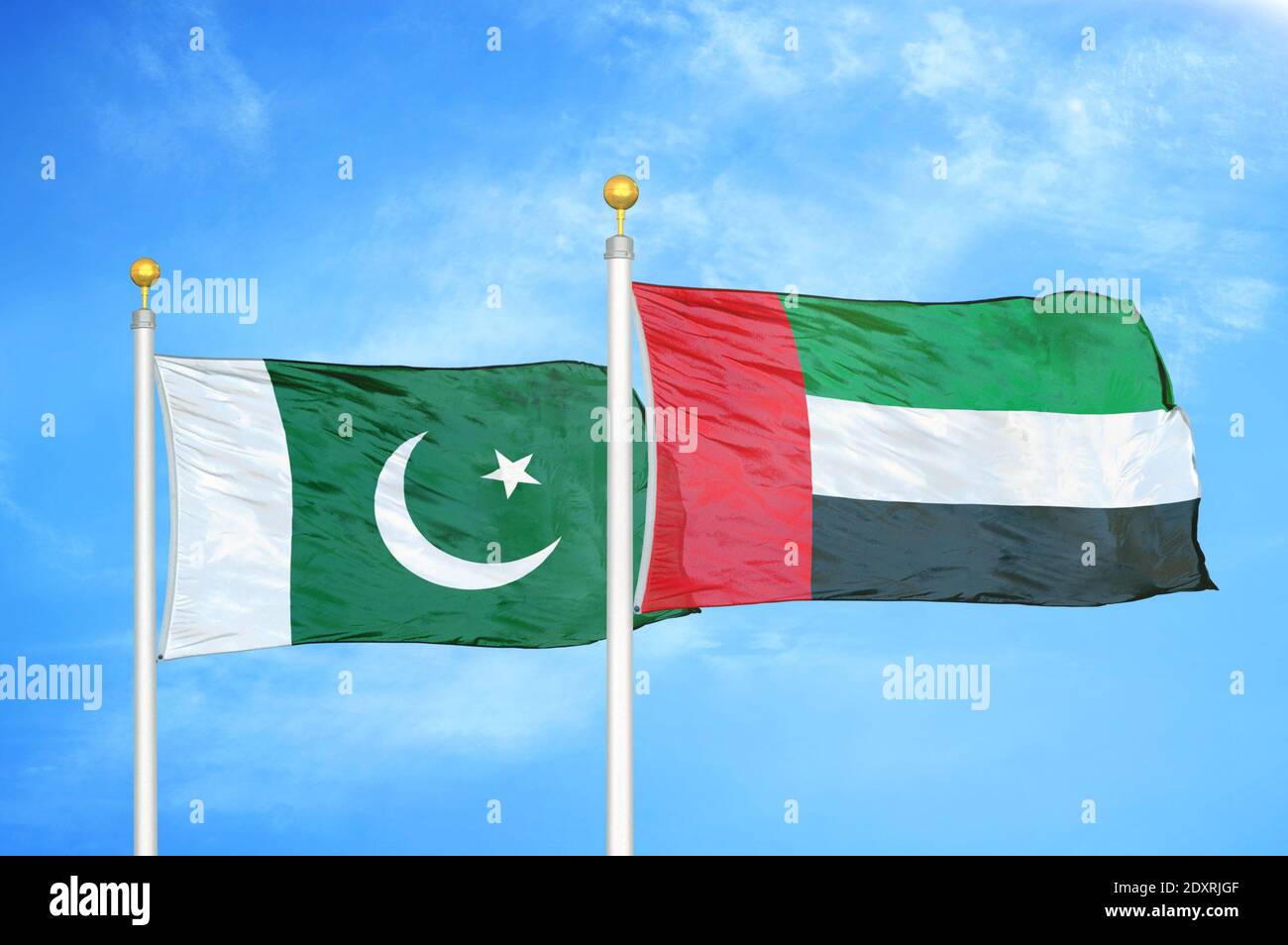 Pakistan and United Arab Emirates two flags on flagpoles and blue ...