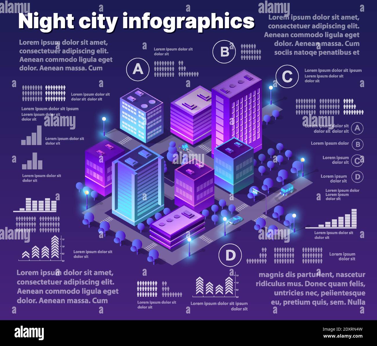 Isometric neon city infographics of violet colors Stock Vector Image ...