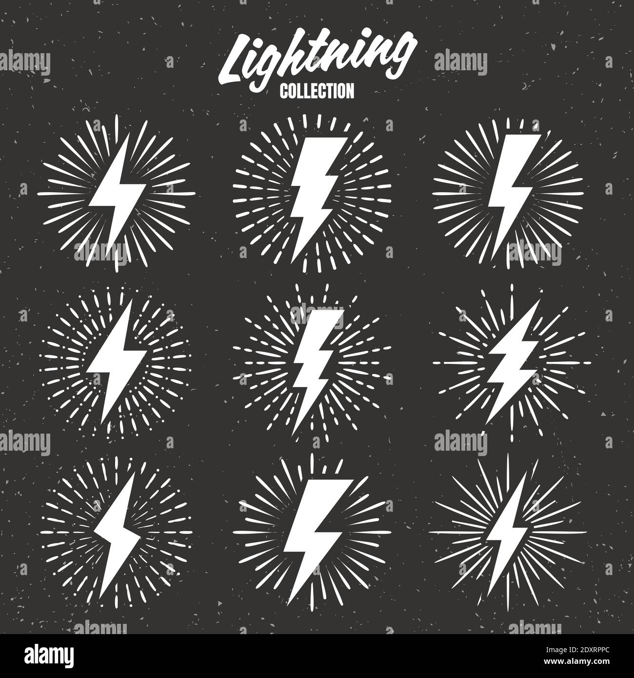 Set of vintage lightning bolts and sunrays on grunge background ...